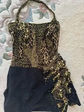 Dresses | Leopard Print Beaded Strap Cocktail Dress In Black And Gold ...